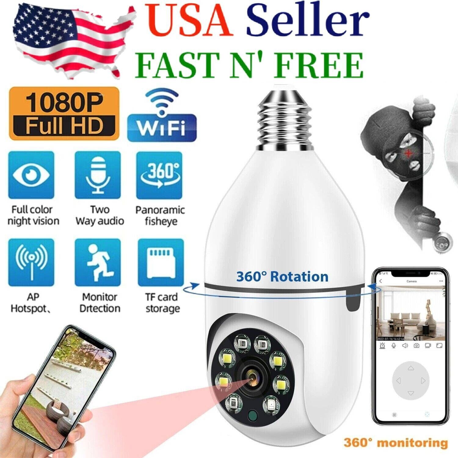 Light Bulb Camera, 1080P Wireless Security Camera System Outdoor Home ...