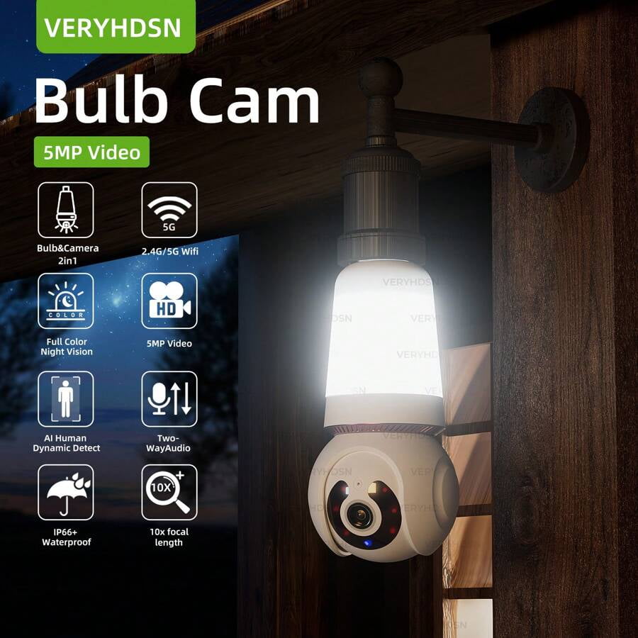 Light Bulb Safety Camera, Outdoor Wireless, 2.4/5GHz WiFi Indoor 5MP ...