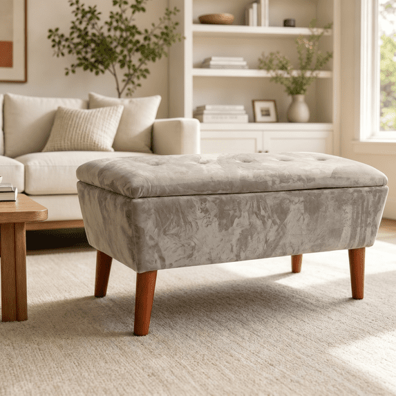 Light Coffee 42" Rectangular Linen Ottoman Bench with Solid Wood ...