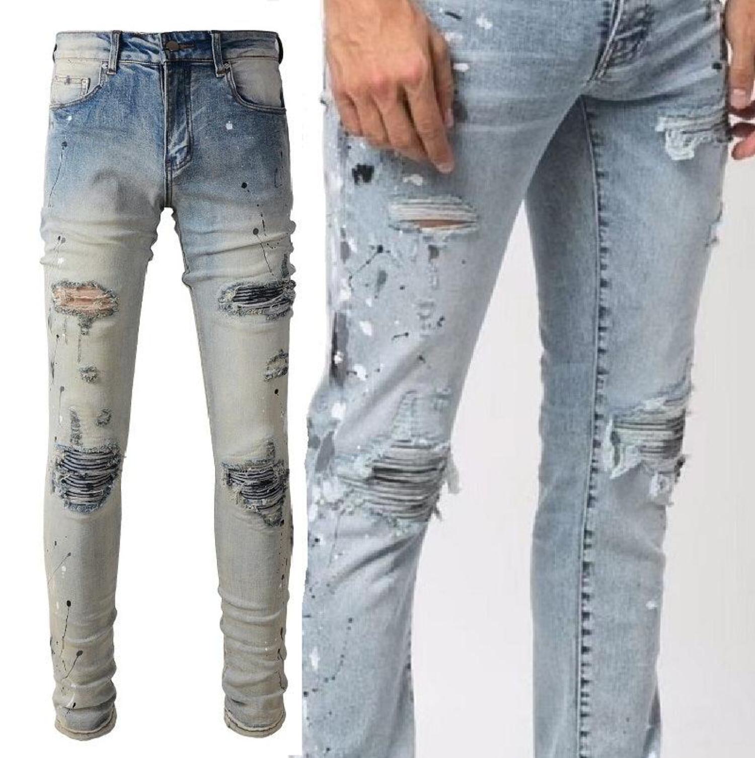 Light Colored Paint Splashing Ink Making Old Washed Jeans For Men ...