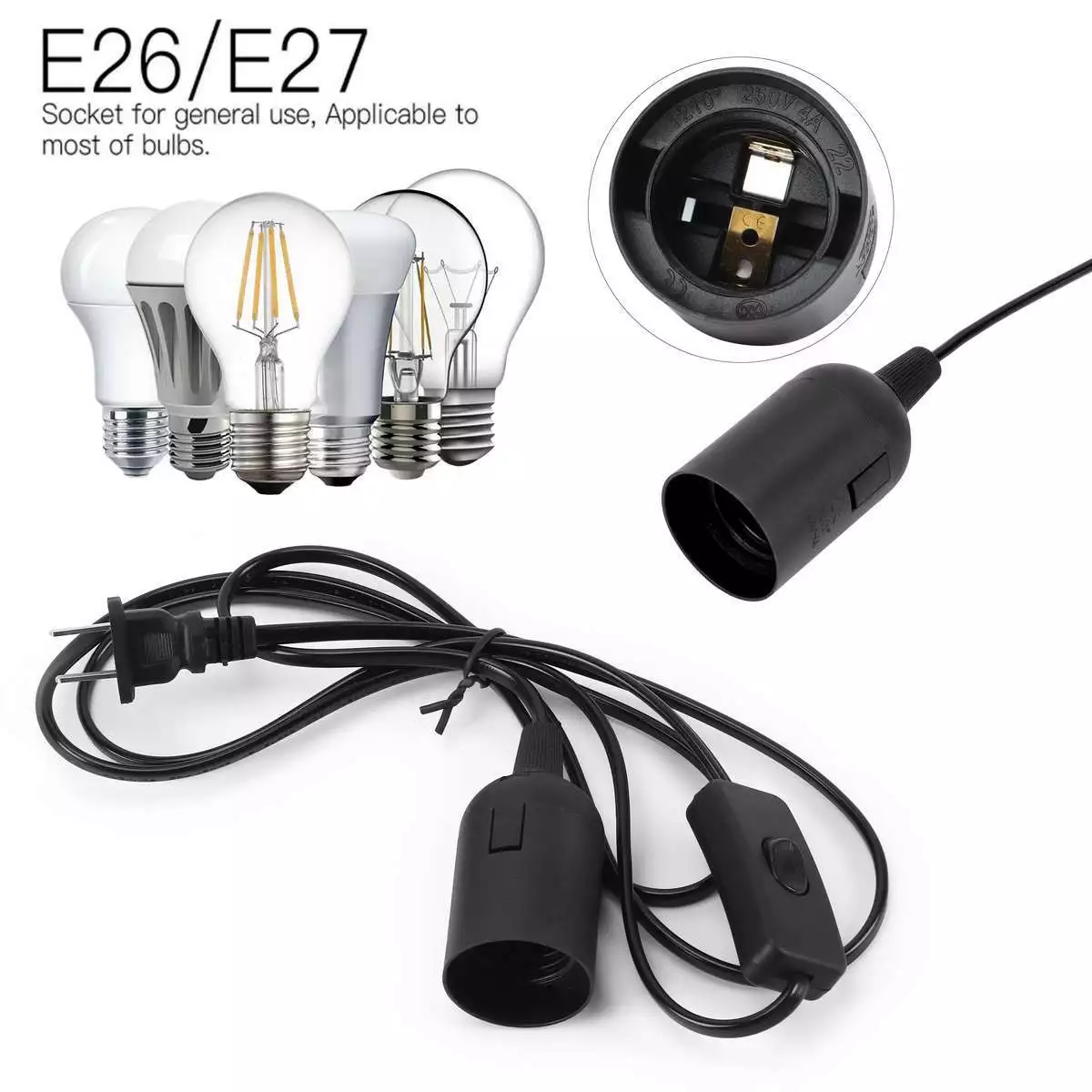 Light Cord Cable Switch E26/E27 Bulb Socket Extension Hanging Pendant ...