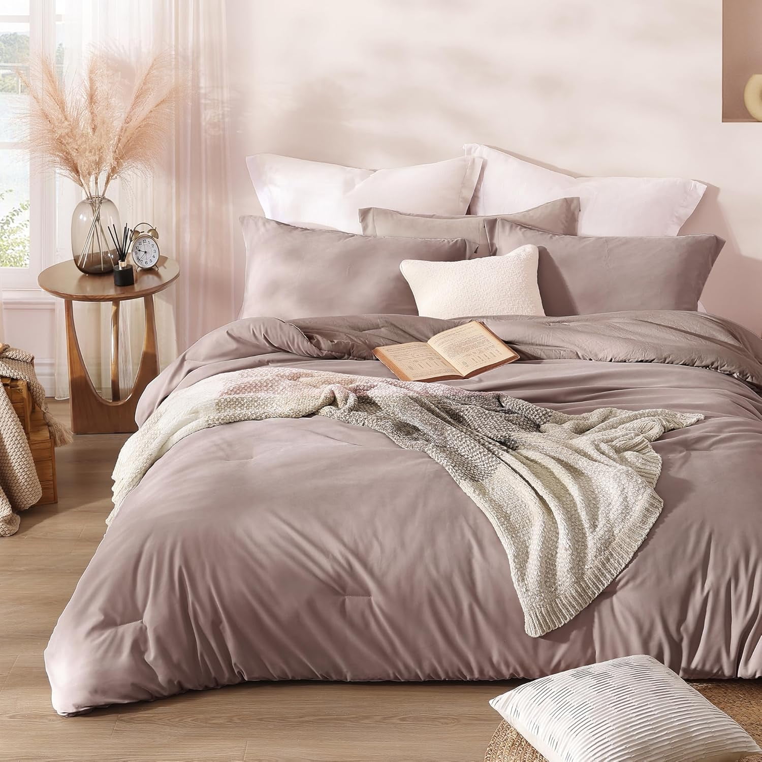 Light Dusty Rose Queen Comforter Set - 3 Pieces Microsuede Bed Set ...