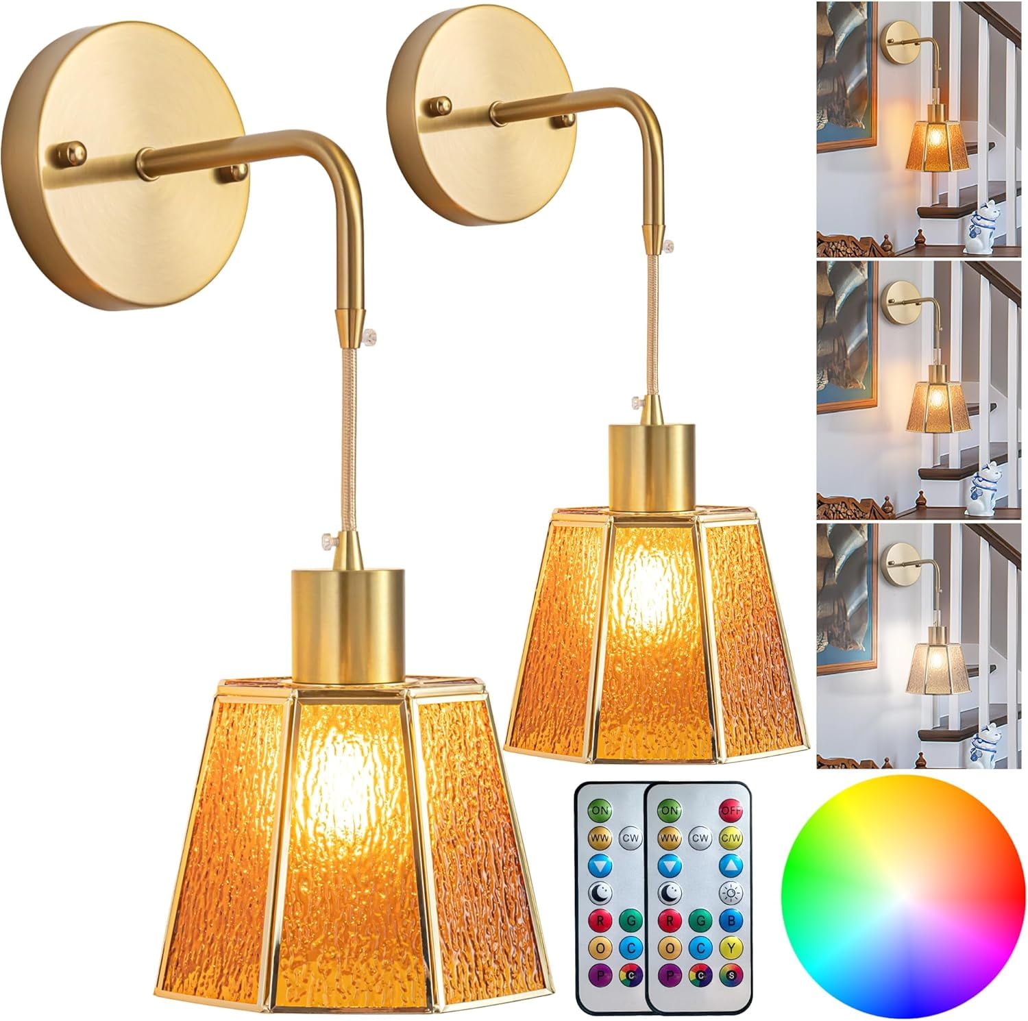 Light Fixture, Wall Sconces Set of 2, Battery Operated, RGB Color ...