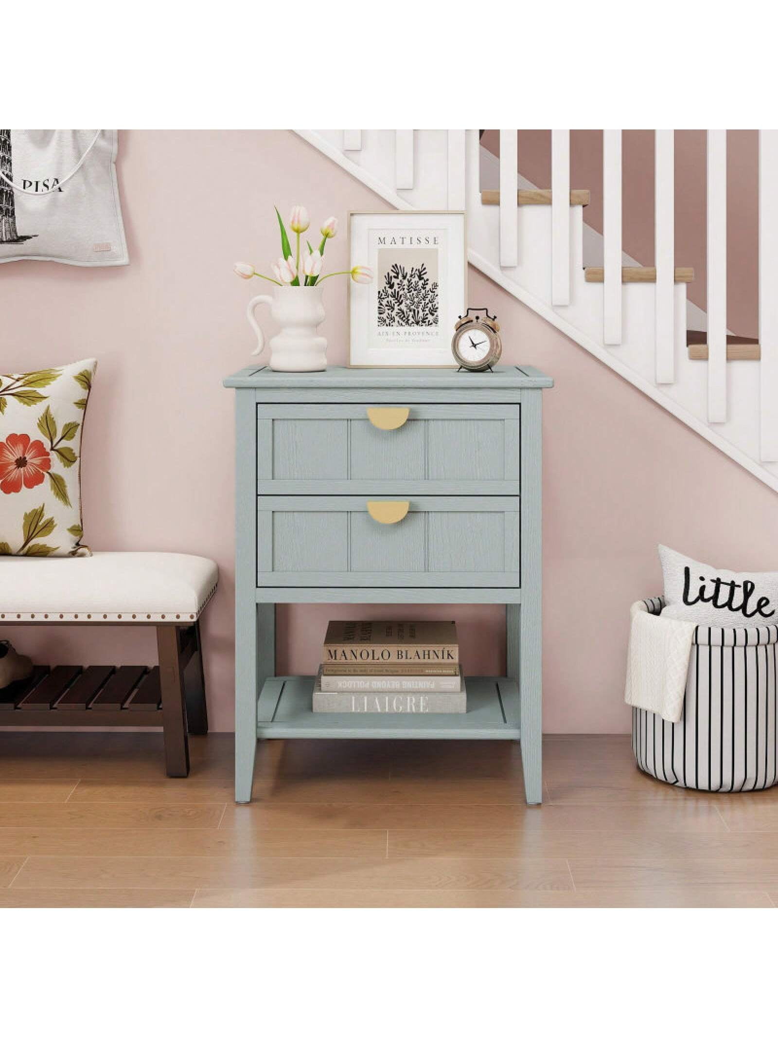 Light Gray 2-Drawer Side Table: American Style, 130lbs Capacity – MDF ...