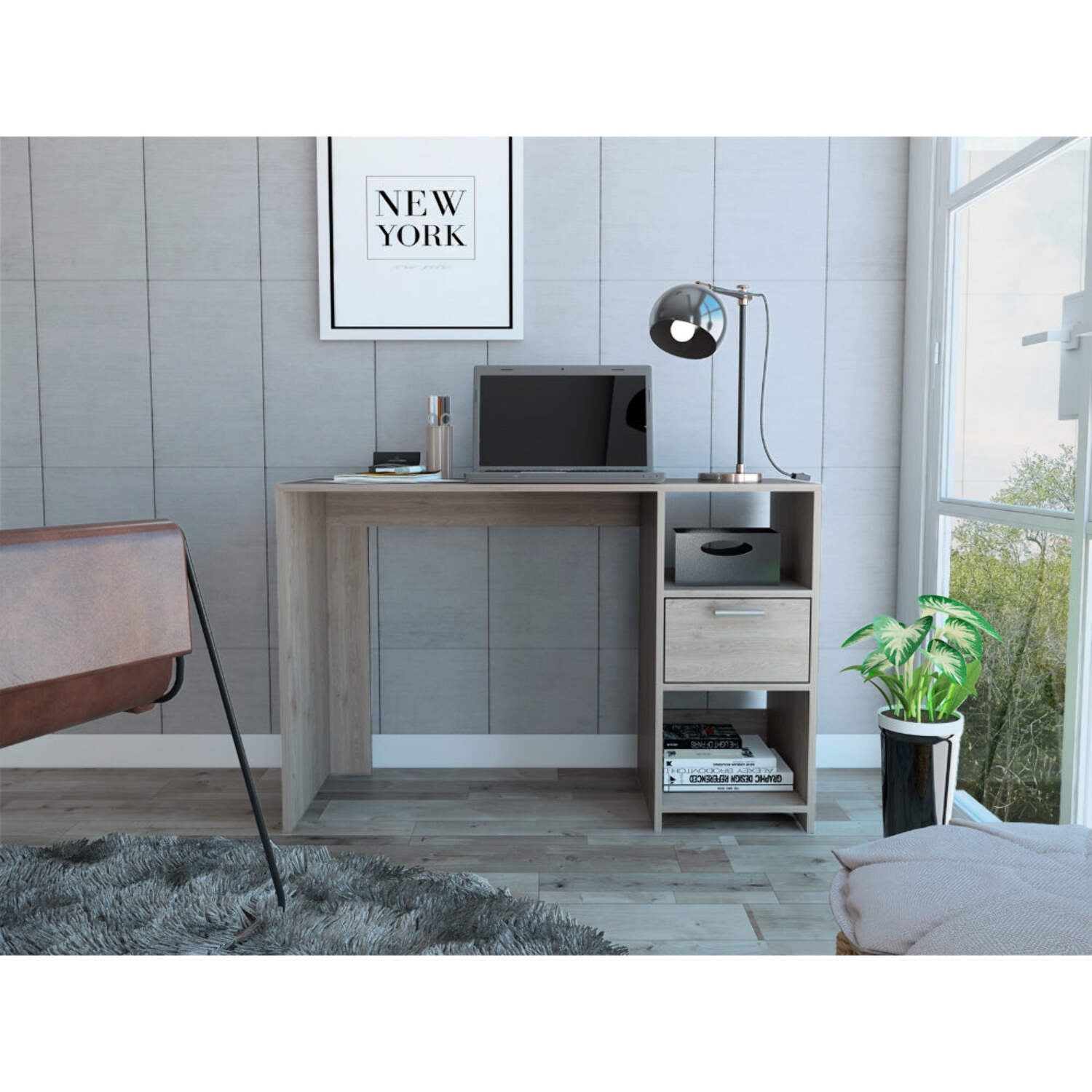 Light Gray 2 Shelf 1 Drawer Writing Desk Gray Engineered Wood - Walmart.com