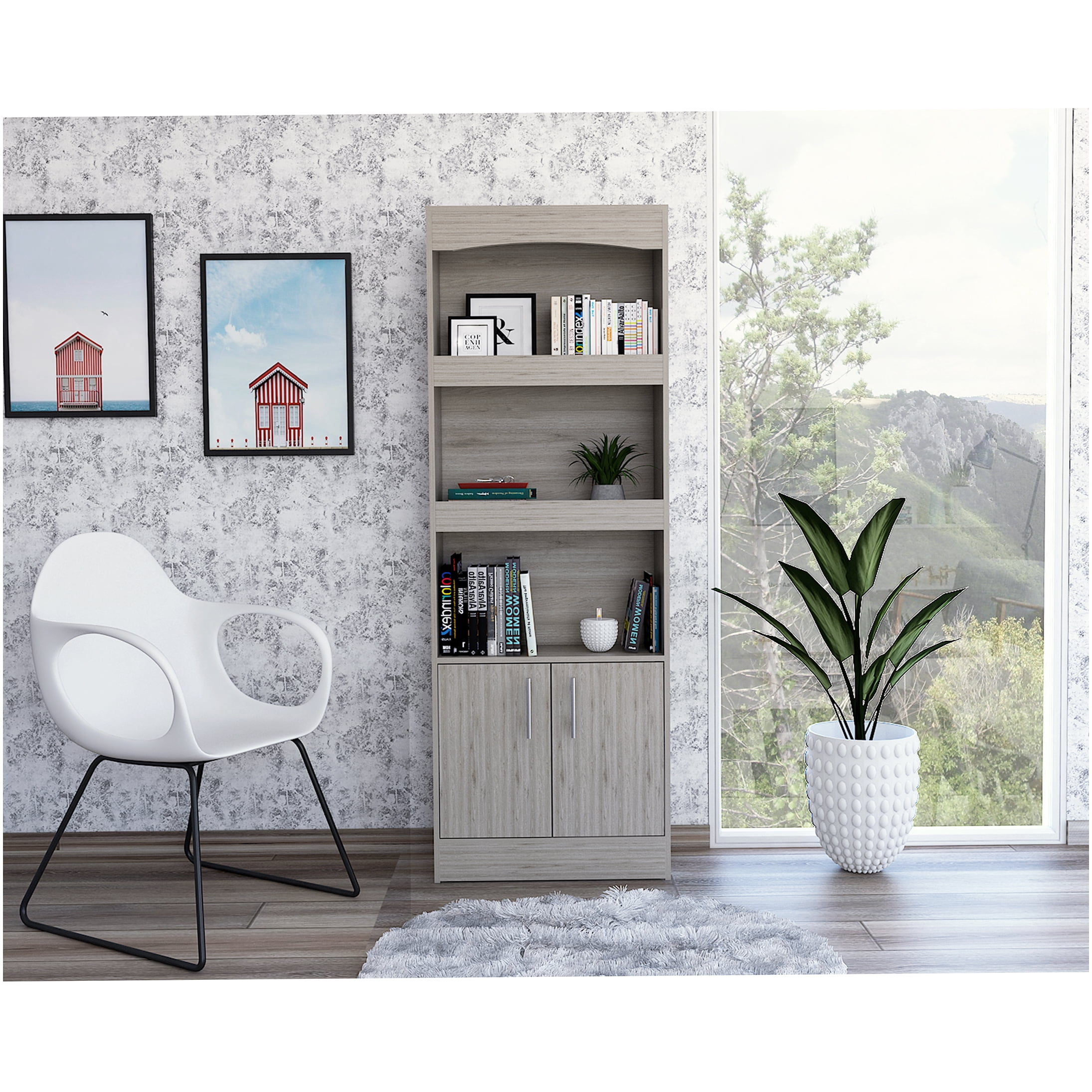 Light Gray 3-Shelf Bookcase with Double Doors for Storage and Display ...