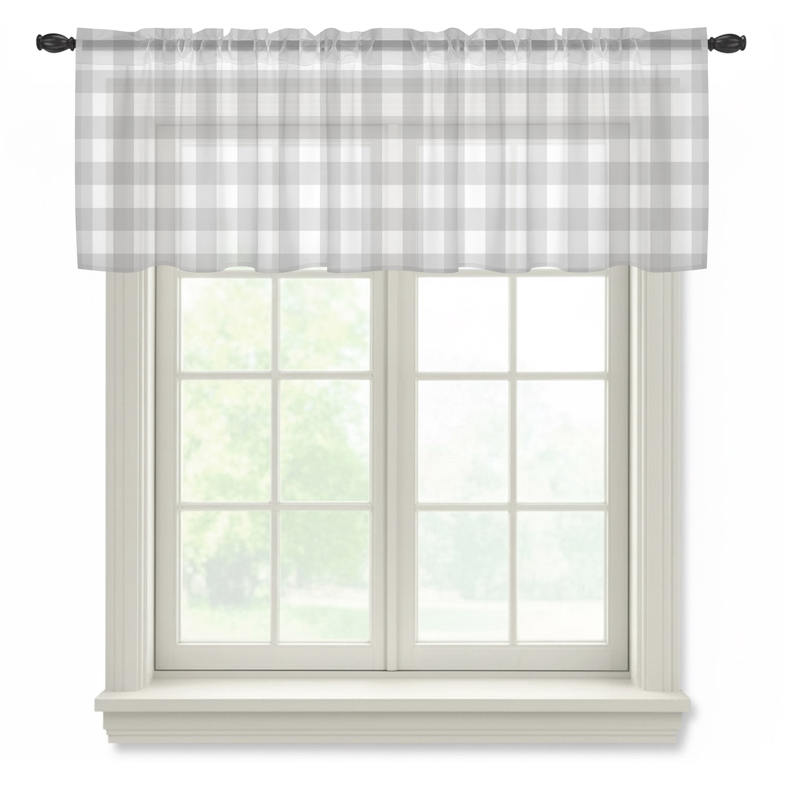 Light Gray Checks Semi Sheer Valance Curtains, Gingham Plaid Abstract ...