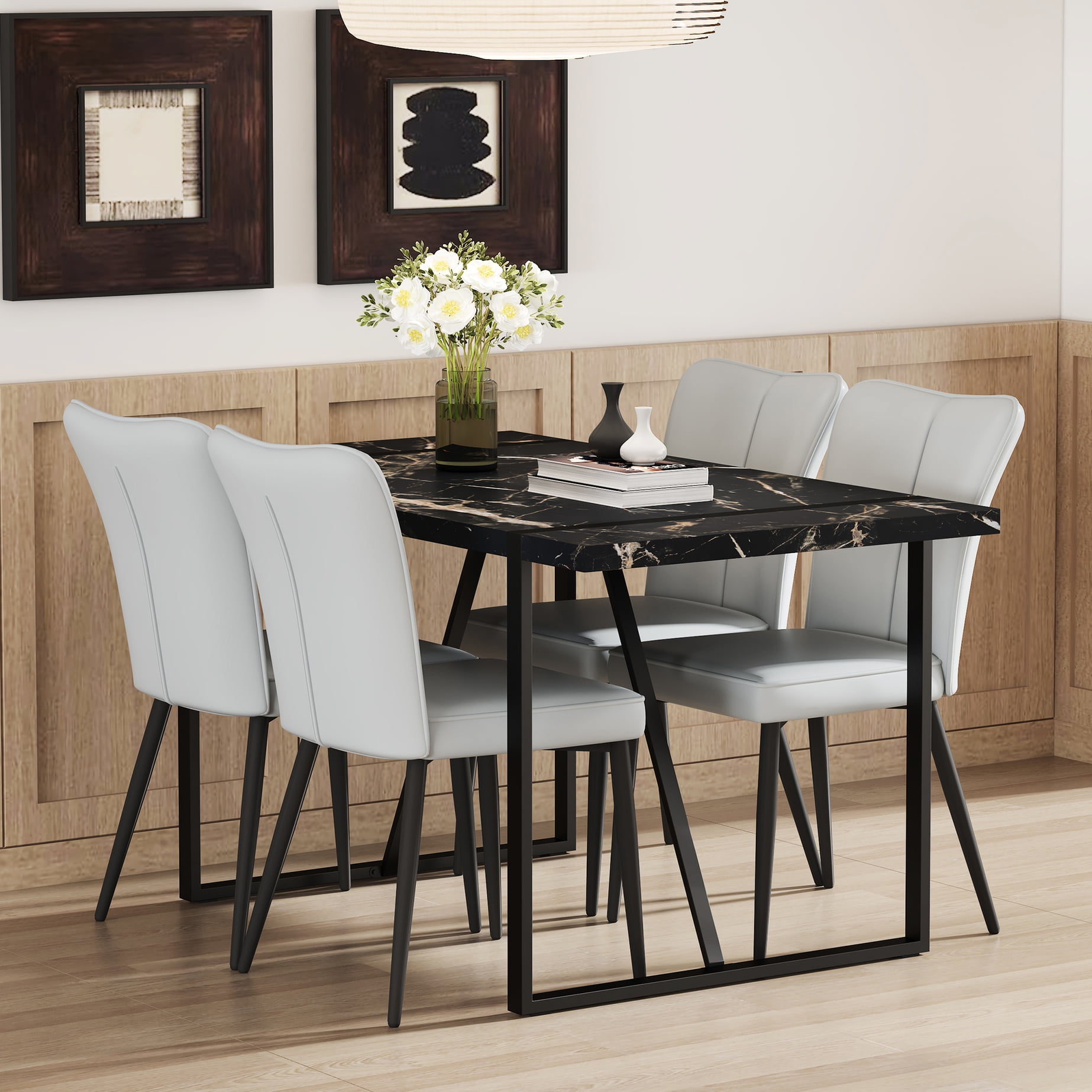 Light Gray Color Scheme - Black Metal Chair Legs - Dining Room Decor ...
