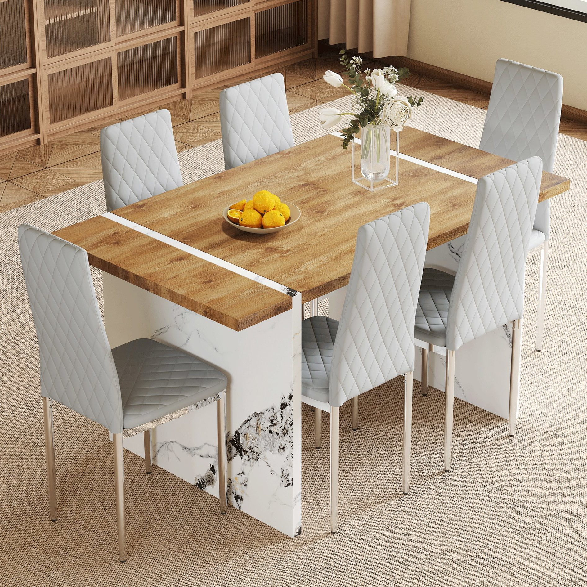 Light Gray Dining Chair Set Paired with 55"x31.5" MDF Wood Grain Table ...
