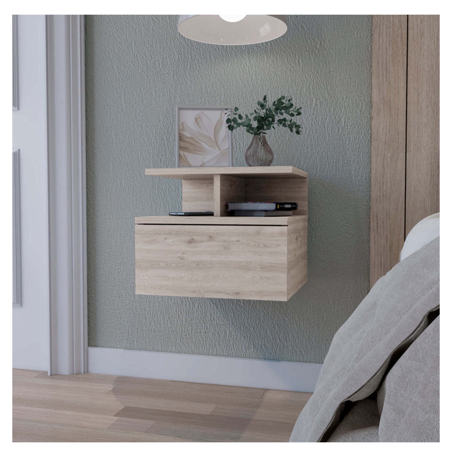 Light Gray Floating Nightstand with Shelf - 2 Tier Bedside Table - Wall ...