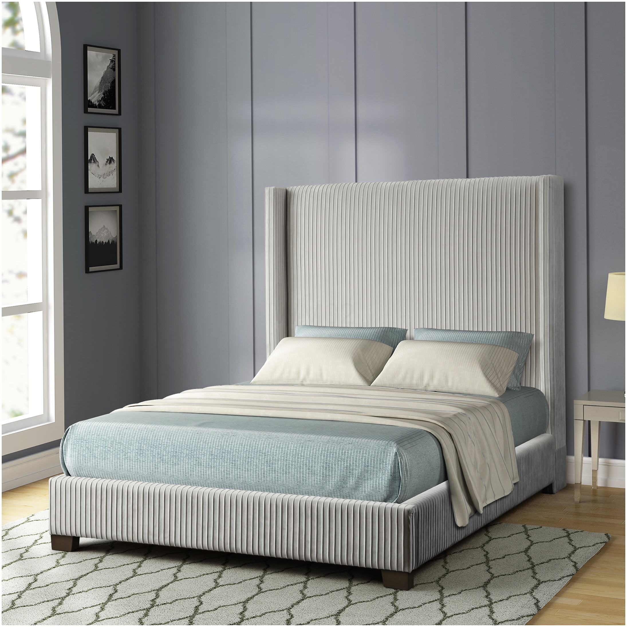 Light Gray King Upholstered Platform Bed with Pleated Headboard, Sturdy ...