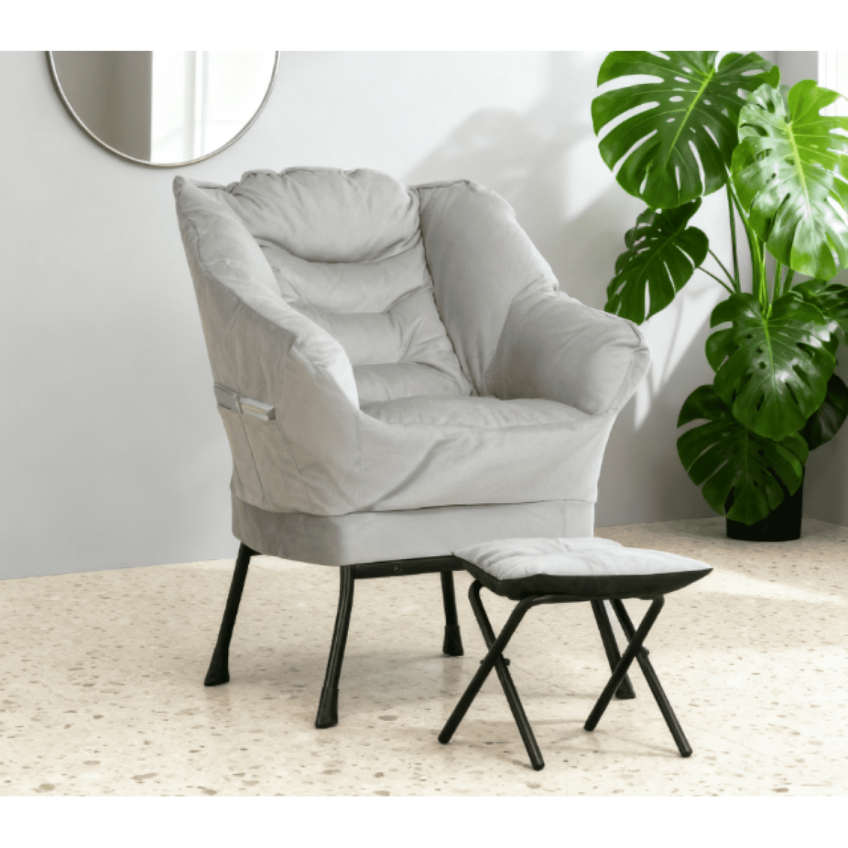 Light Gray Lazy Chair - Fabric Upholstered Accent Chair with Side ...