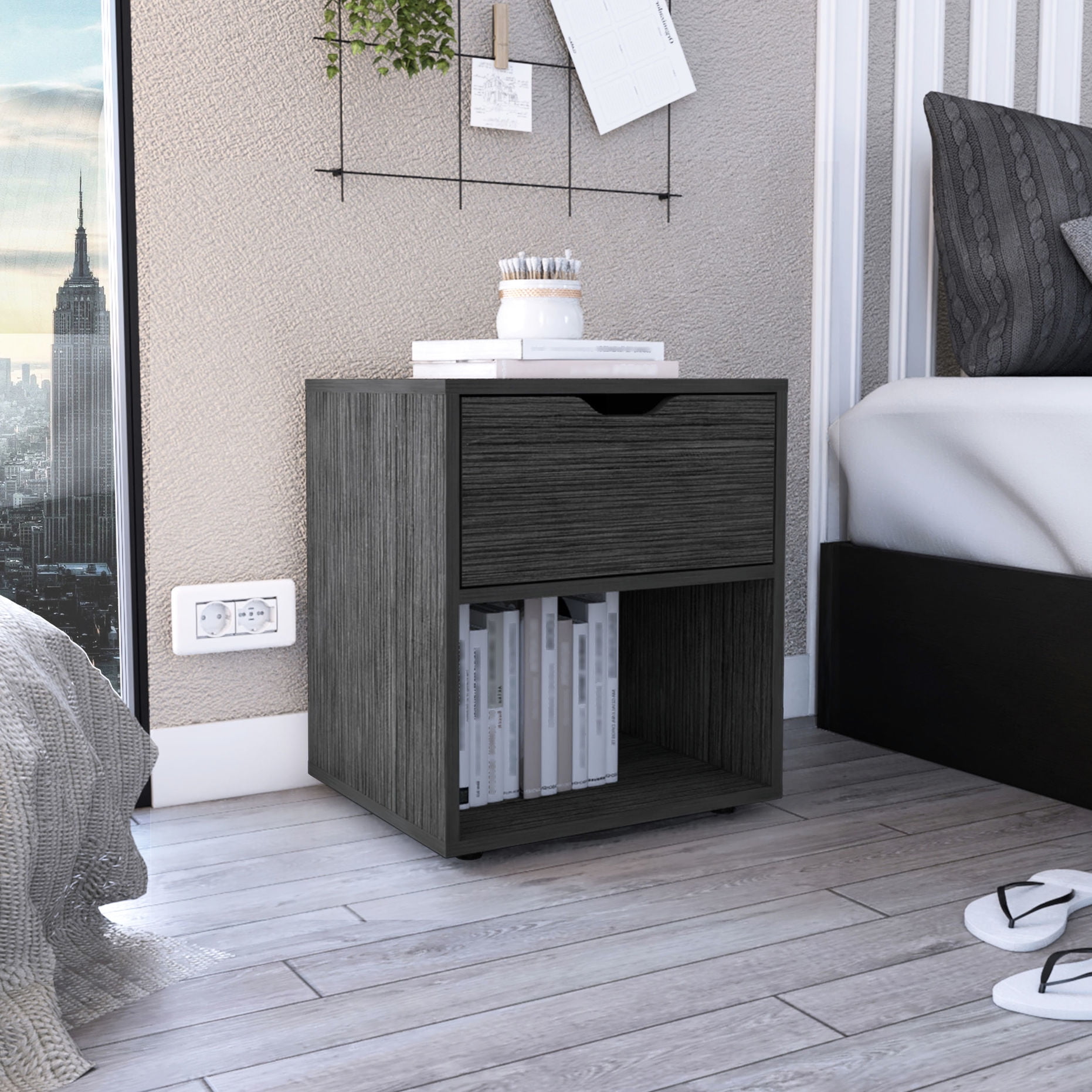 Light Gray Nightstand with Open Shelf Design / Bedroom Decoration ...
