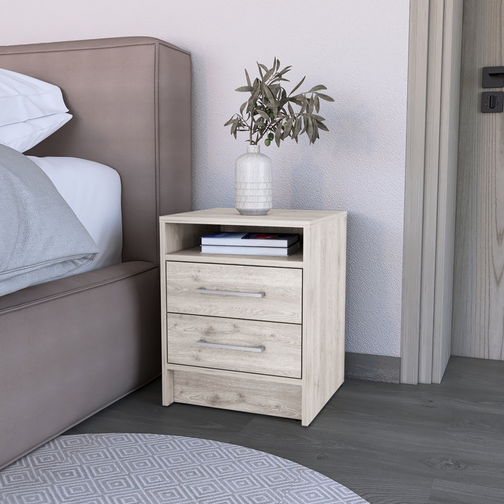 Light Gray Nightstand with Open Shelf and Drawers / Great for Bedroom ...