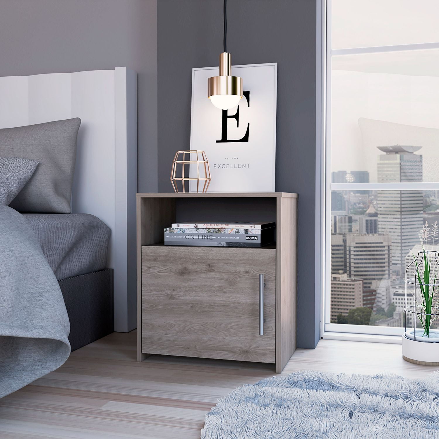 Light Gray Nightstand with Storage, Modern Nightstand for Bedroom with ...