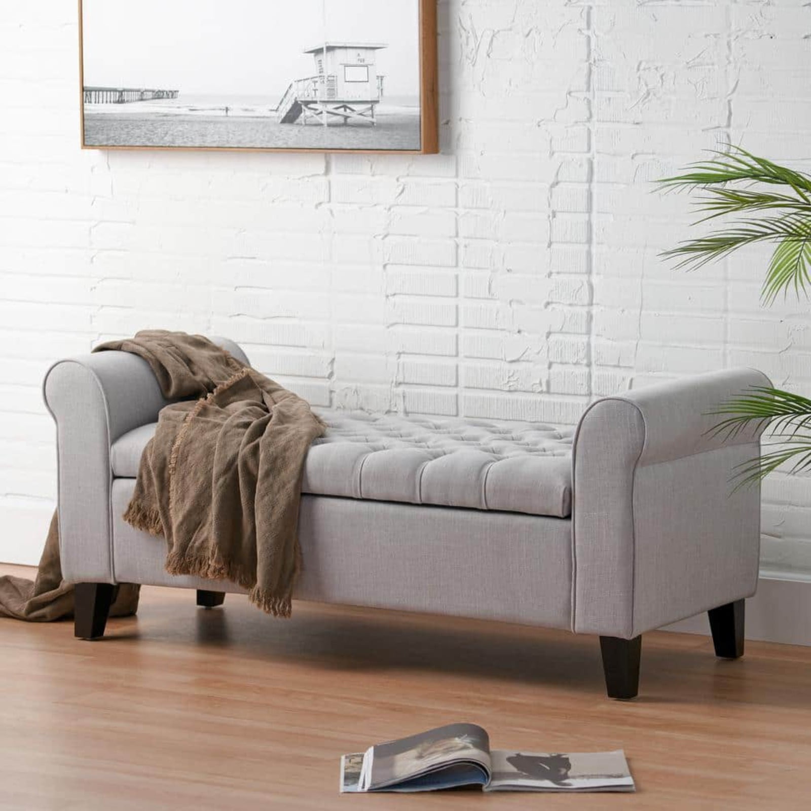 Light Gray Tufted Fabric Armed Storage Bench - Walmart.com