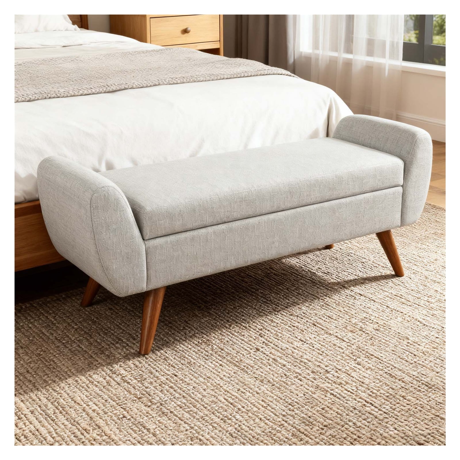 Light Gray Woven Storage Bench with Wood Legs: Stylish Living Room ...