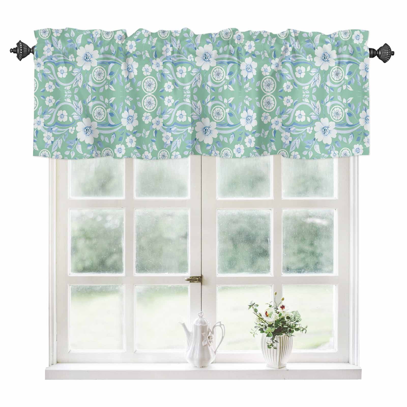 Light Green Blue Floral Kitchen Valances for Windows 60x18 Inch Kitchen ...