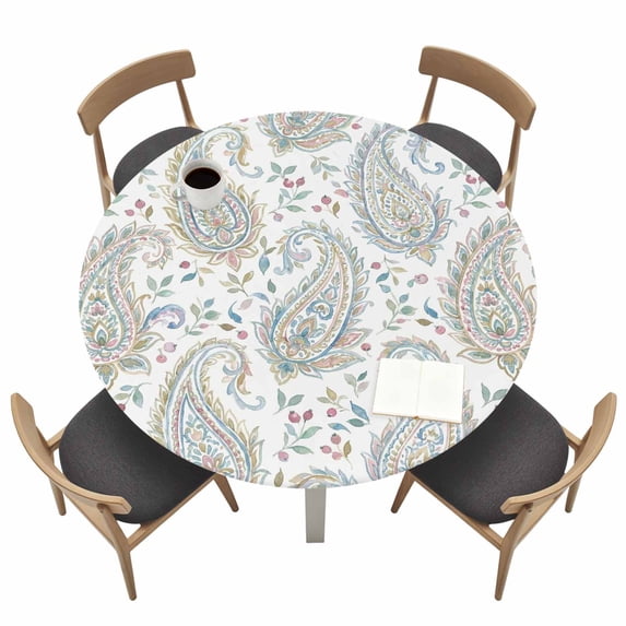 Light Green Flower Round Fitted Tablecloth with Elastic Edge Watercolor ...