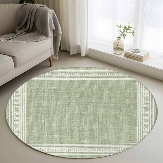 Light Green Geometric 4ft Round Rug, White Greek Key Design Burlap ...
