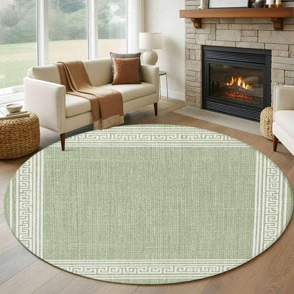Light Green Geometric 7ft Round Rug, White Greek Key Design Burlap ...
