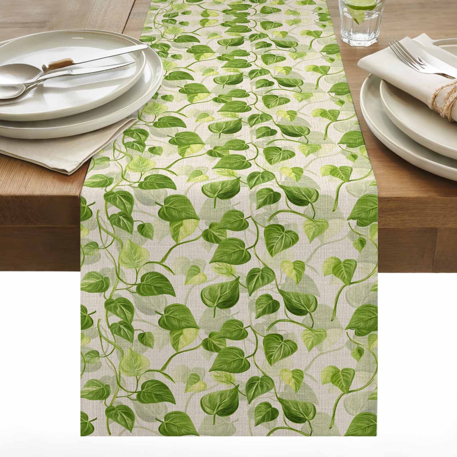 Light Green Leaf Cotton Linen Table Runner Watercolor Spring Light ...