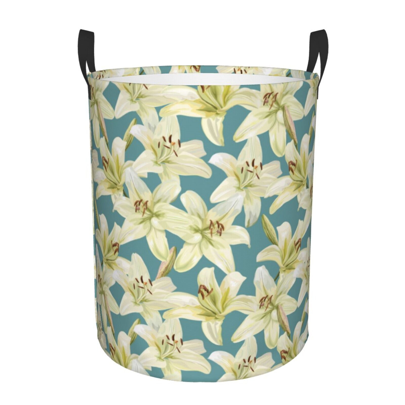 Light Green Lilies Flowers Laundry Basket with Handles - Freestanding ...