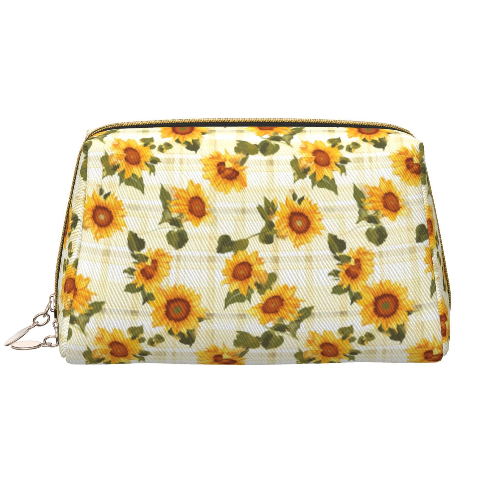 Light Green Plaid Sunflower Makeup Bag, Leather Waterproof Travel ...