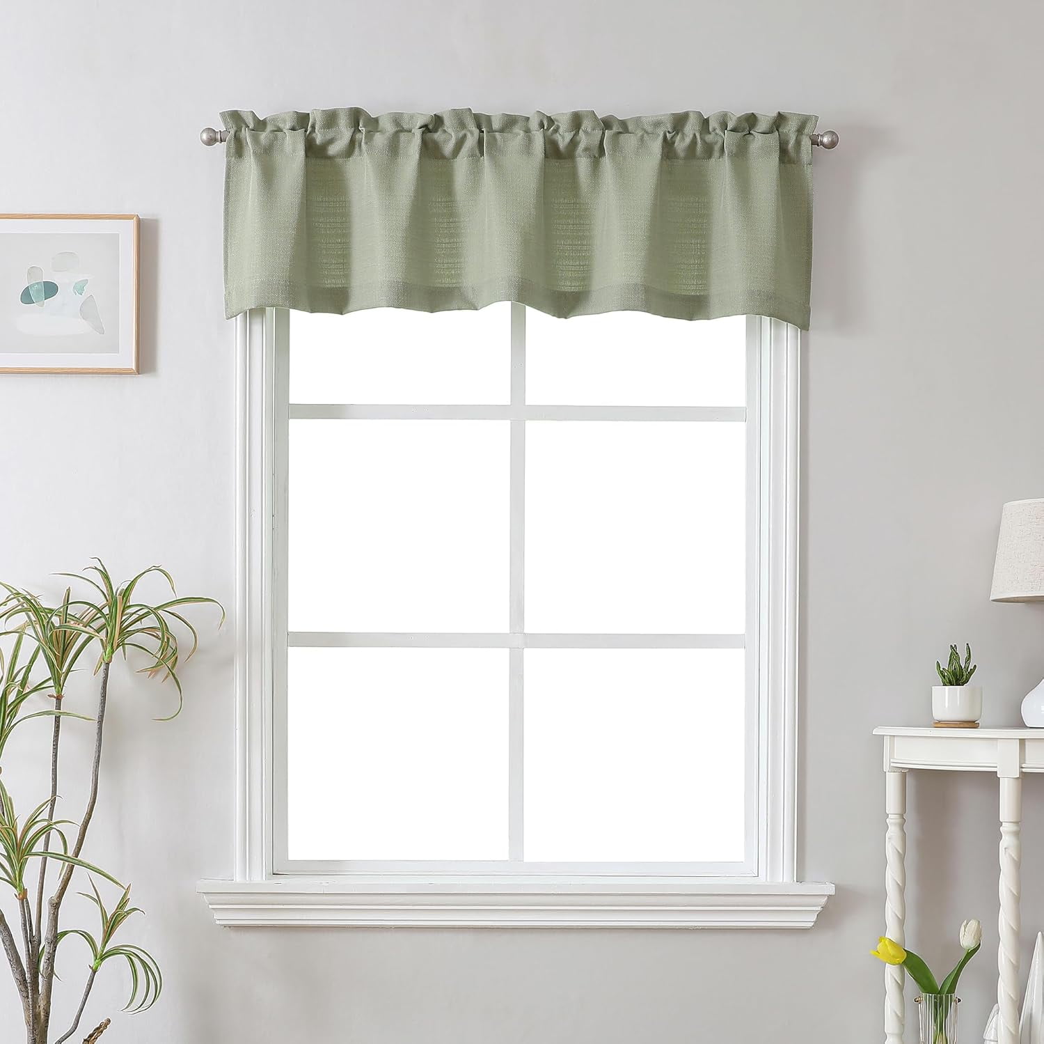 Light Green Valance for Windows, Burlap Faux Linen Textured Semi Sheer ...