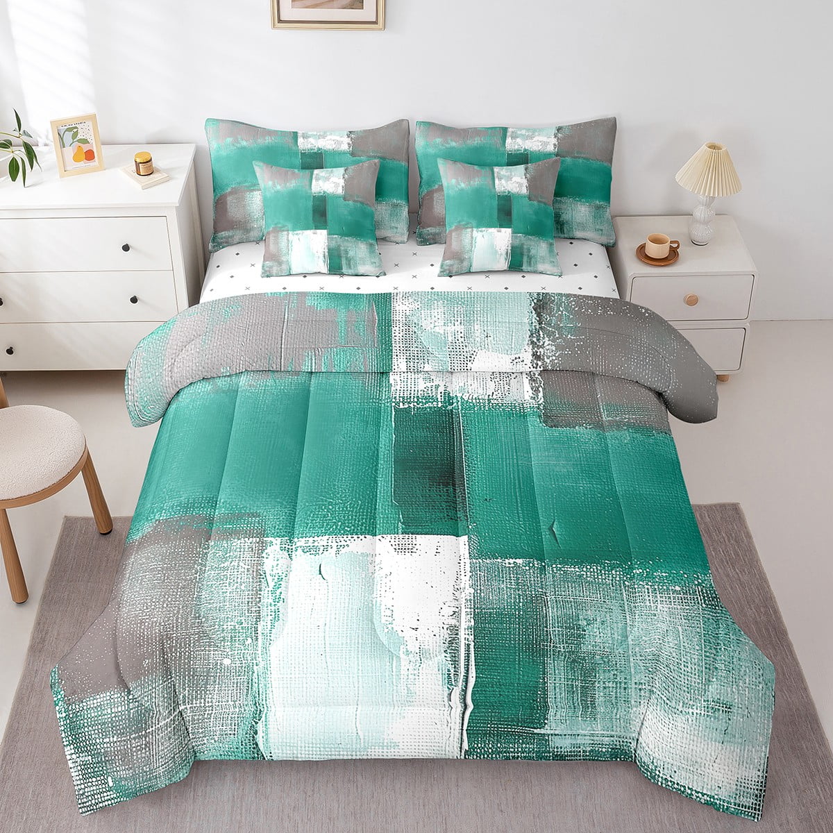 Light Green White Grey King Comforter Set 7-Piece Aesthetic Bed in a ...
