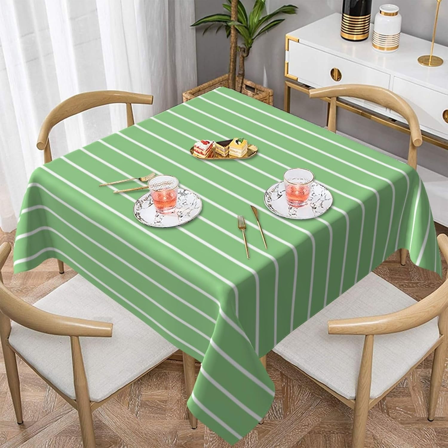 Light Green and Thin White Stripes Soft Tablecloth Square Dinng Table ...