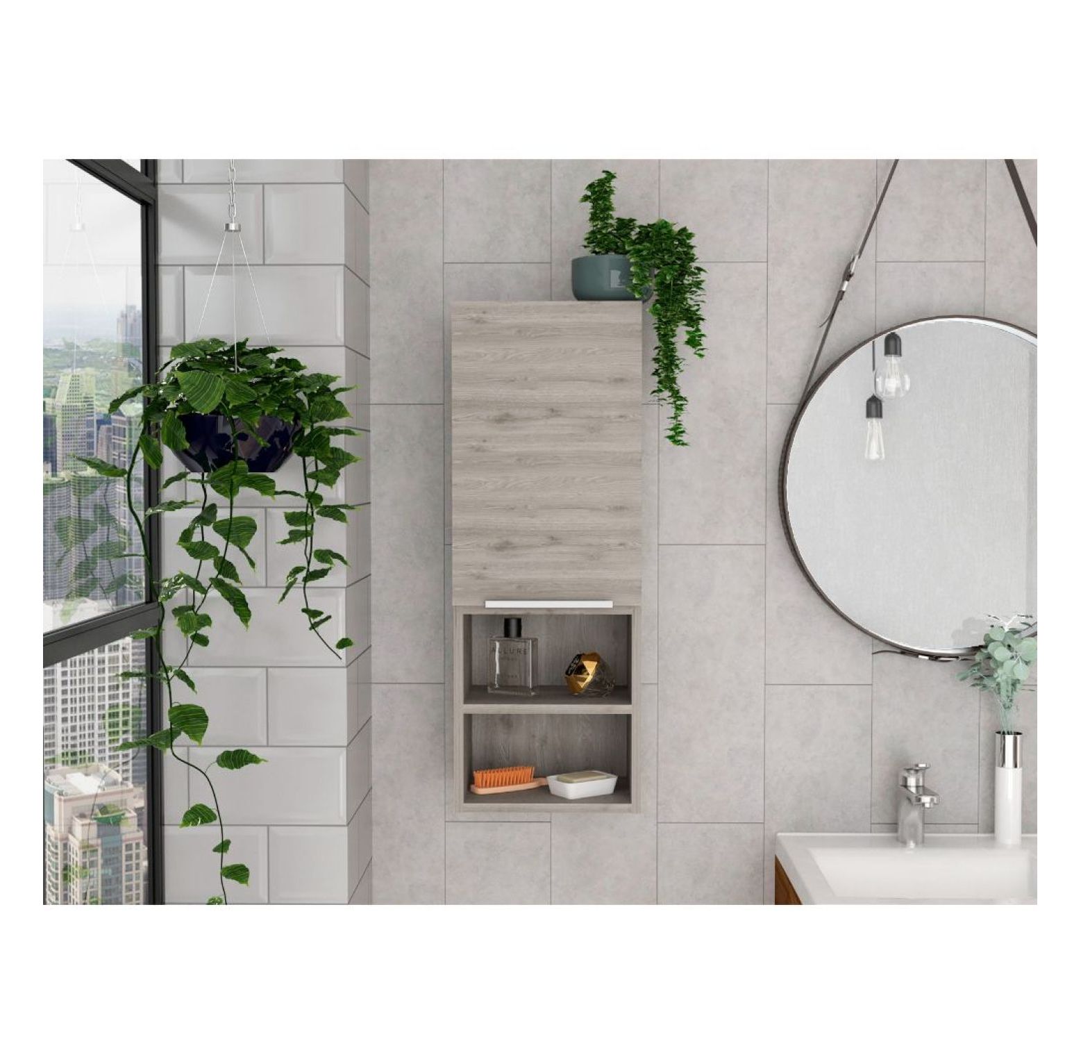 Light Grey Bathroom Cabinet - 2 Shelf Storage, Modern Design - 32" High ...
