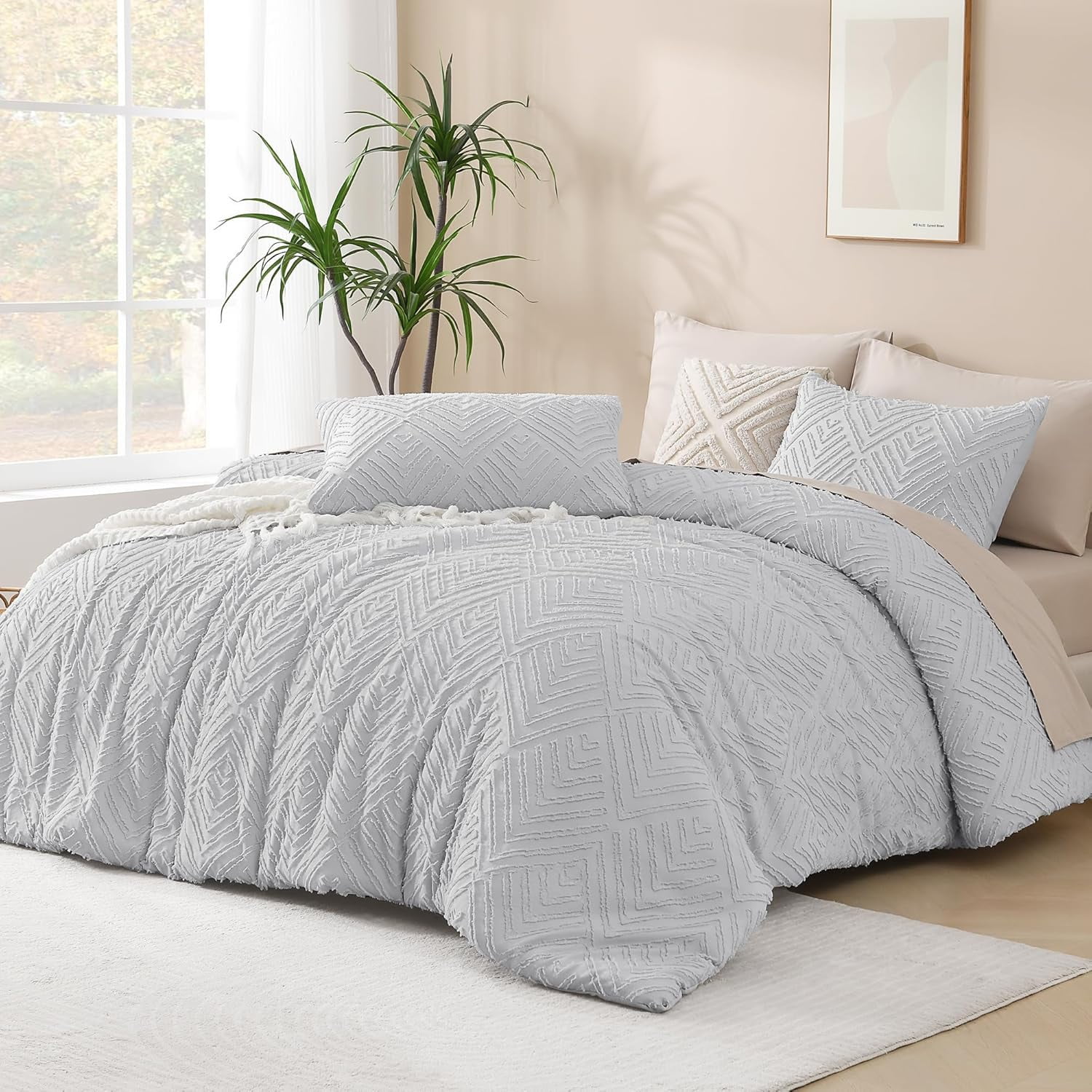 Light Grey Boho Queen Comforter Set, Lightweight Fluffy Bedding ...