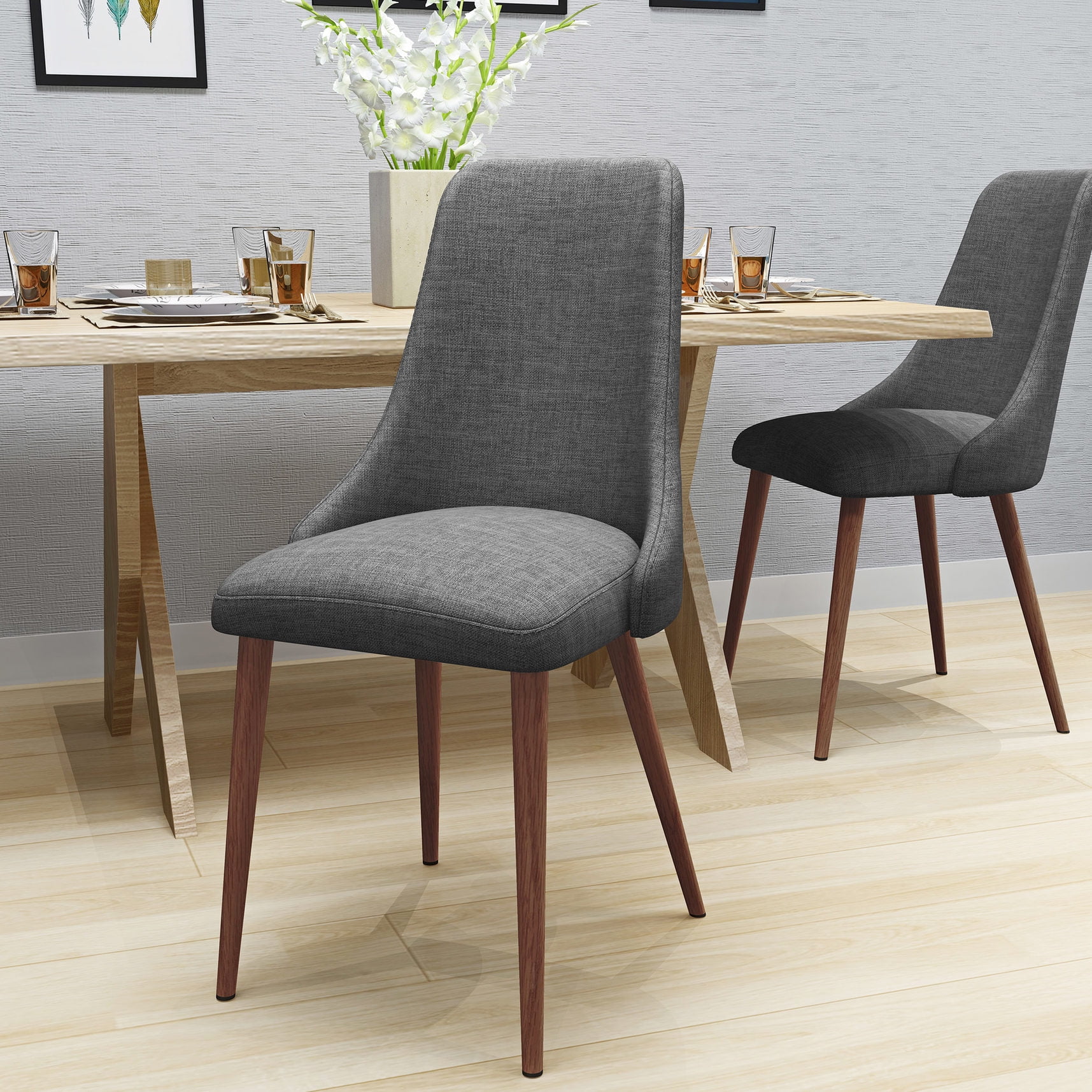 Light Grey Fabric Dining Chairs with Iron Legs in Dark Walnut Finish ...