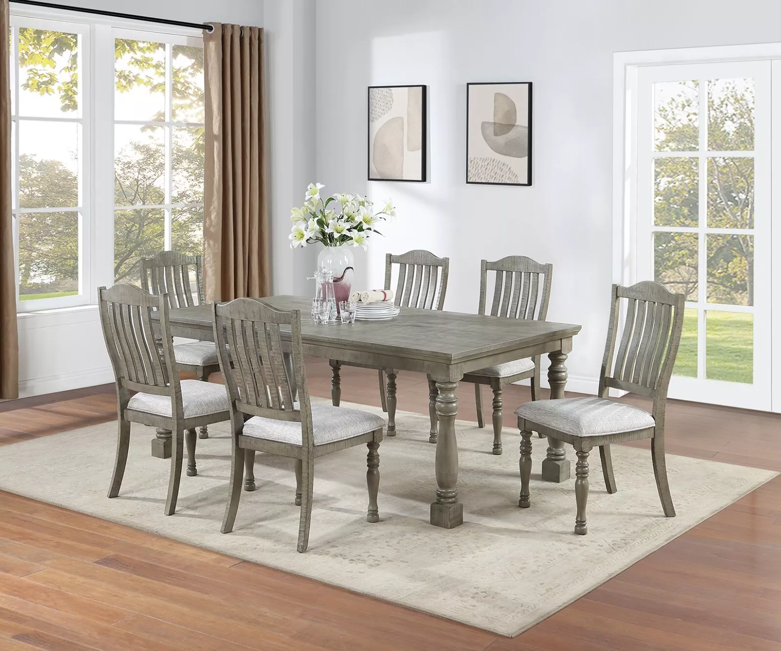 Light Grey Finish 7pc Dining Set Classic Contemporary Dining Table 6x ...