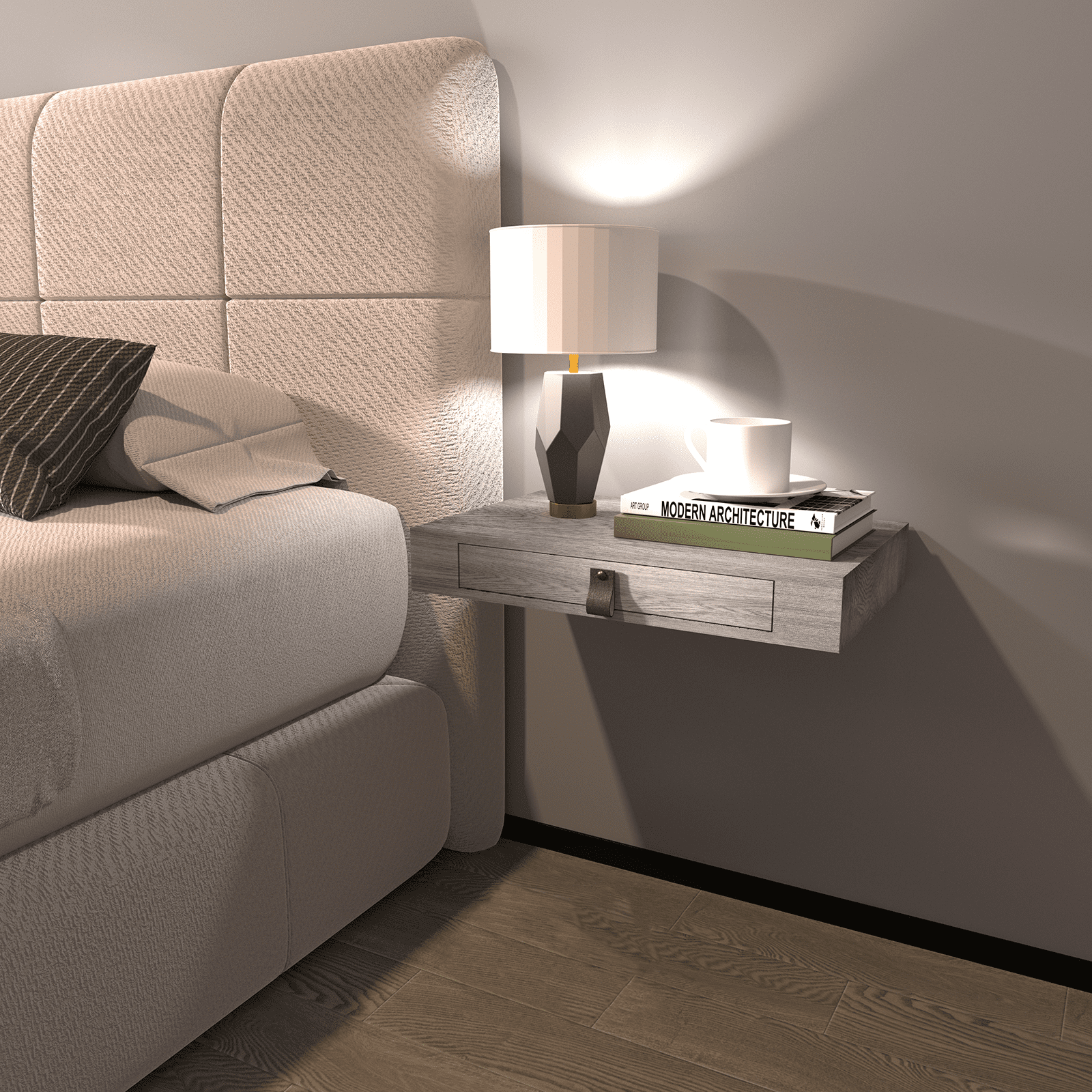 Light Grey Floating Nightstand with Hidden Drawer - 16" Wall-Mounted ...