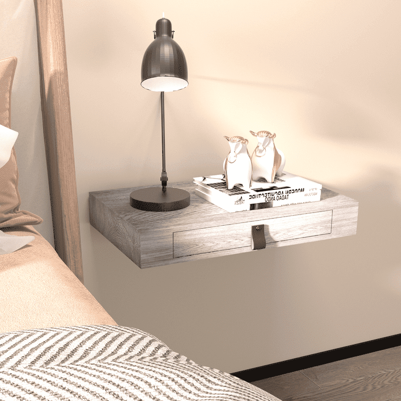 Light Grey Floating Nightstand with Hidden Drawer - 16" Wall-Mounted ...