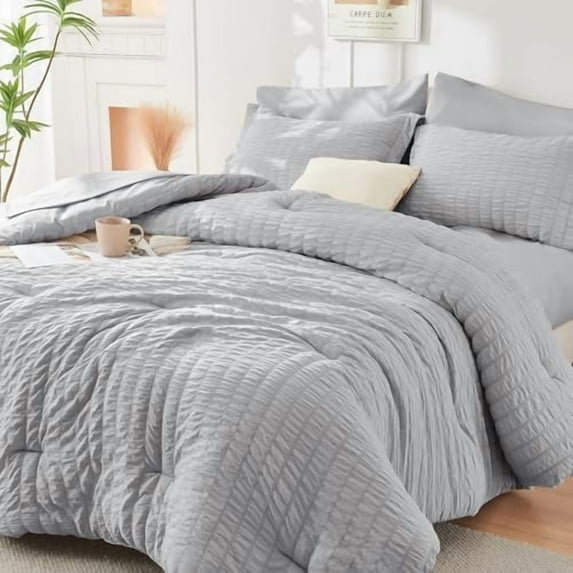 Light Grey Full Size Comforter Sets Seersucker 7 Pieces, All Season ...