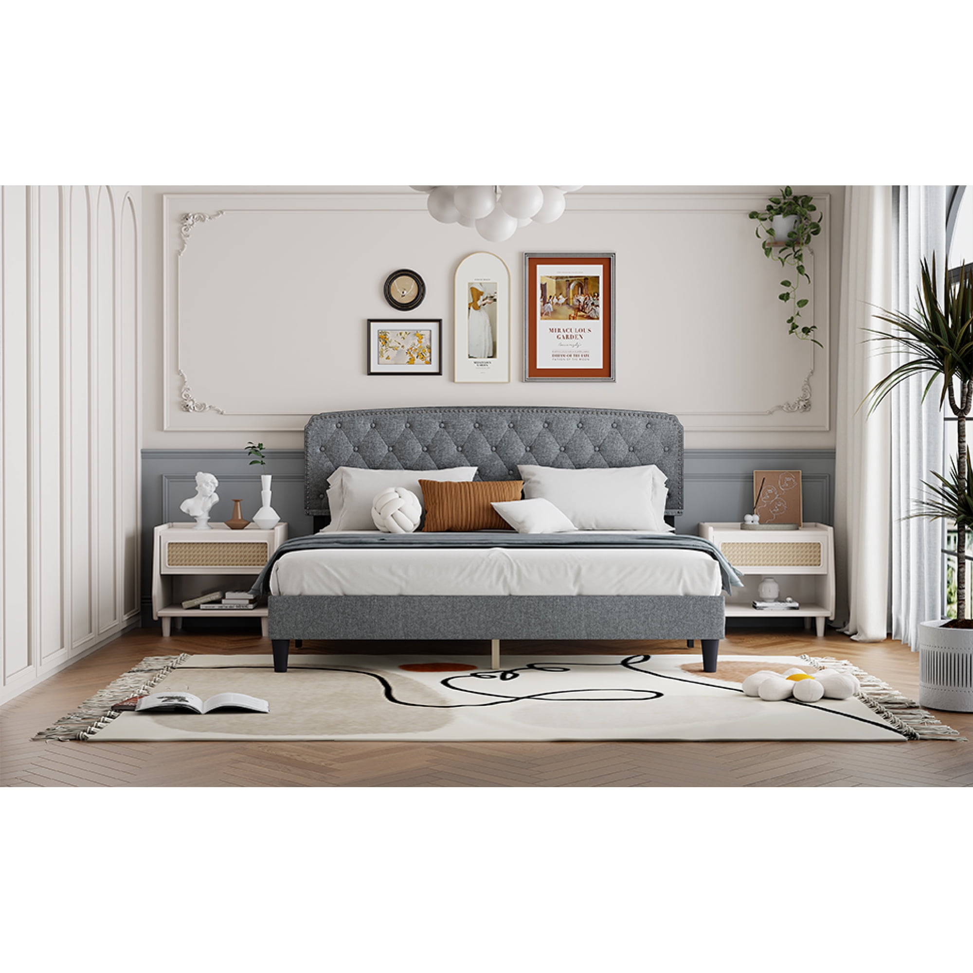 Light Grey King Size Adjustable Headboard with Linen Upholstery and ...