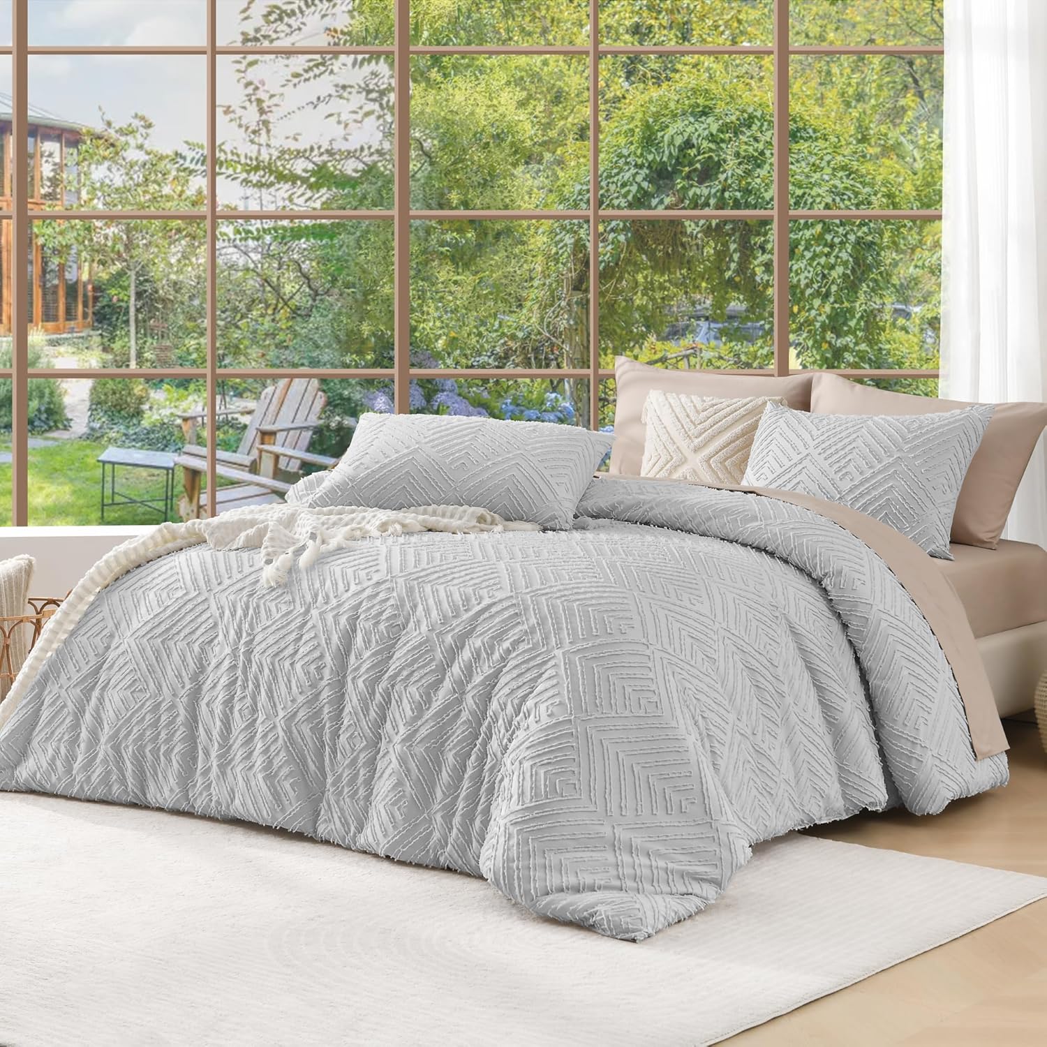 Light Grey King Size Comforter Set, 3 Pieces Boho Bedding Set ...