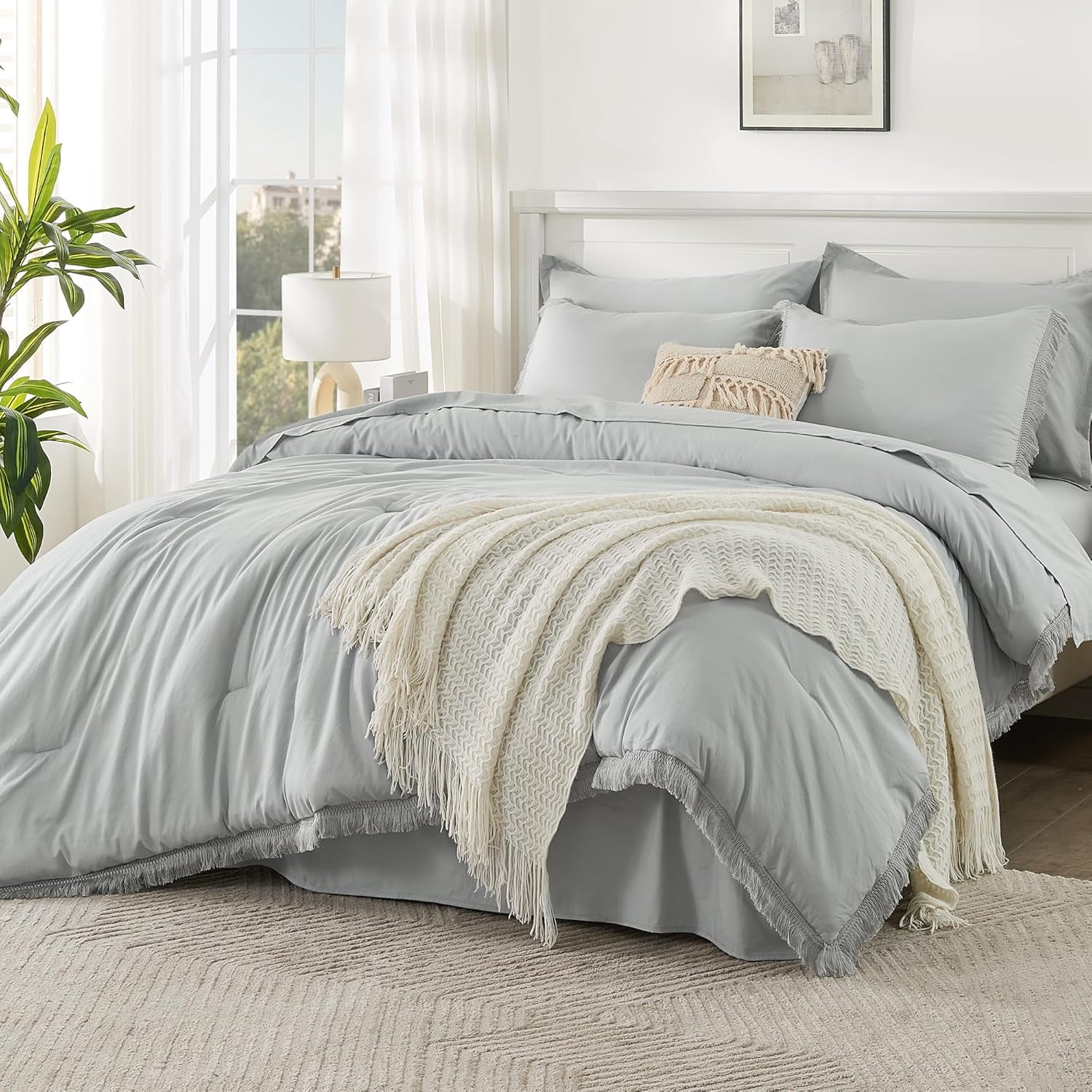 Light Grey King Size Comforter Set with Sheets - 7 Pieces Boho Tassel ...
