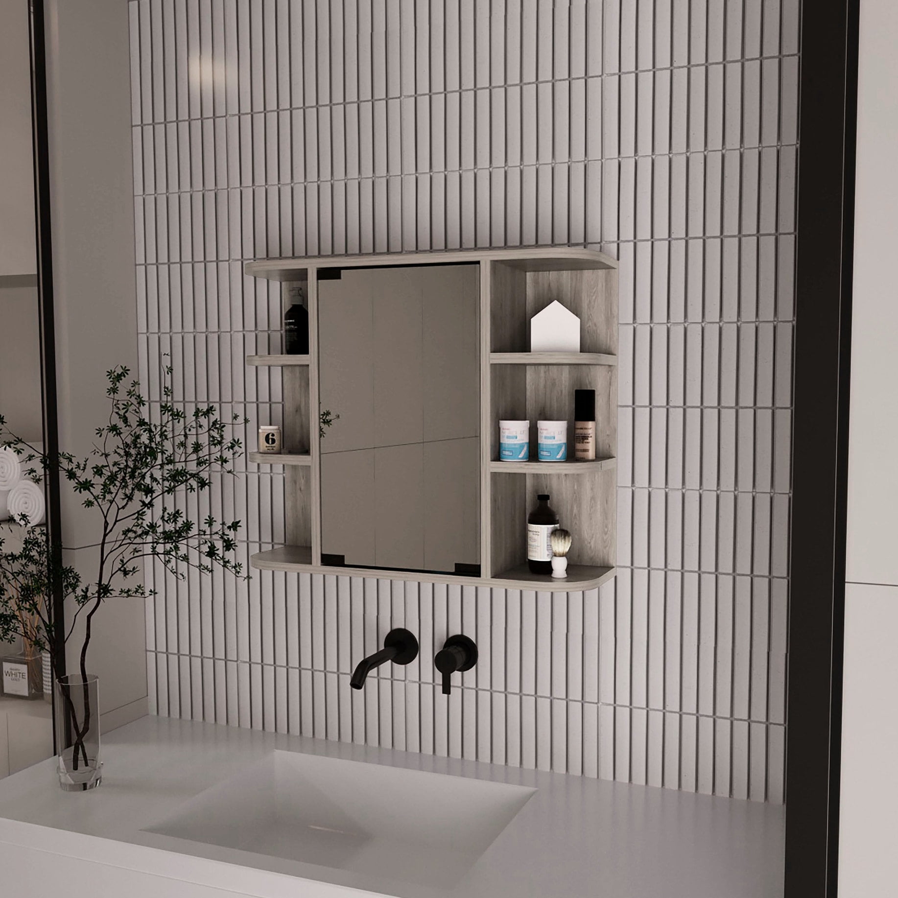 Light Grey Medicine Cabinet | Three Open Shelves on Each Side | Three ...