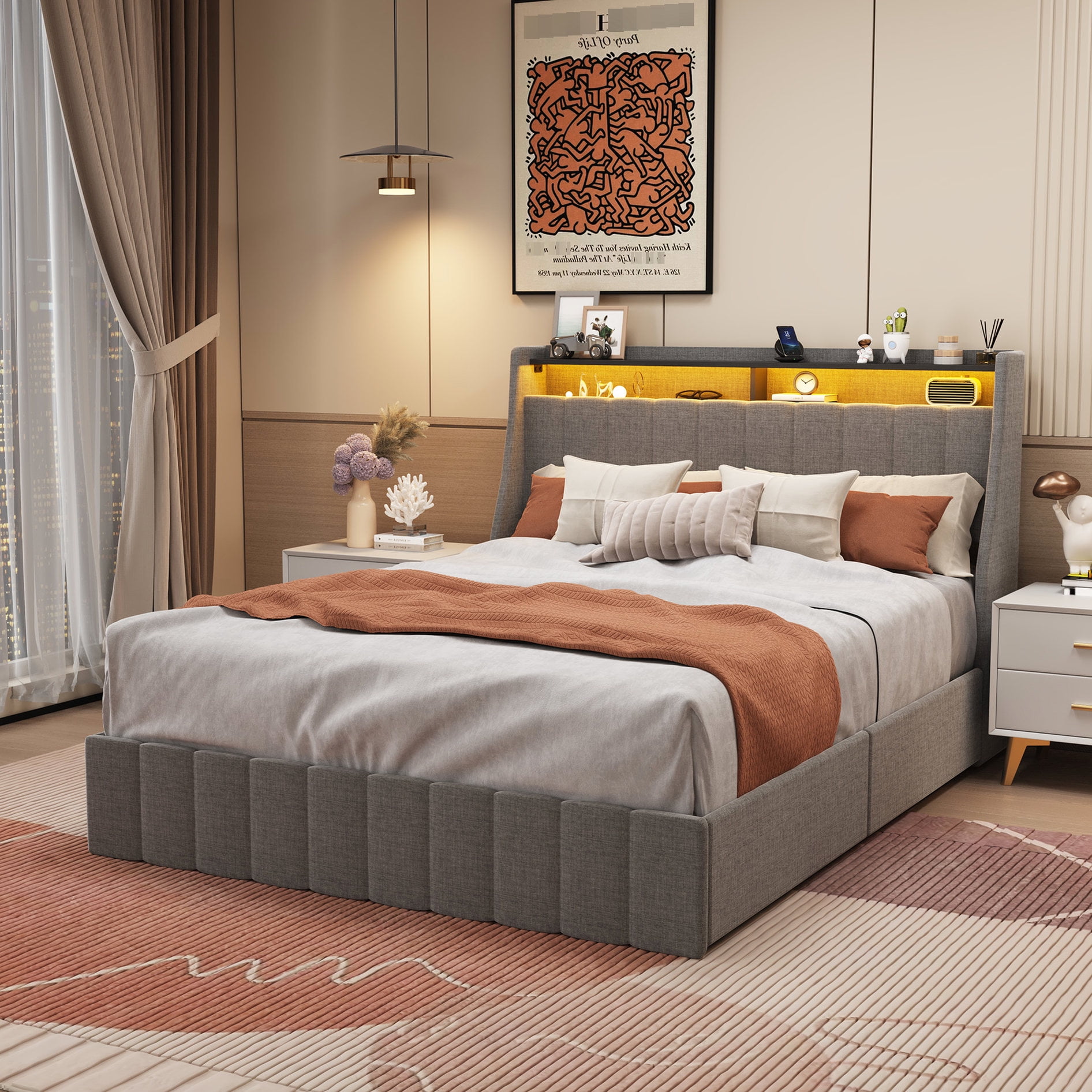 Light Grey Metal Bed Frame | Multi - mode RGB LED and Display Space for ...