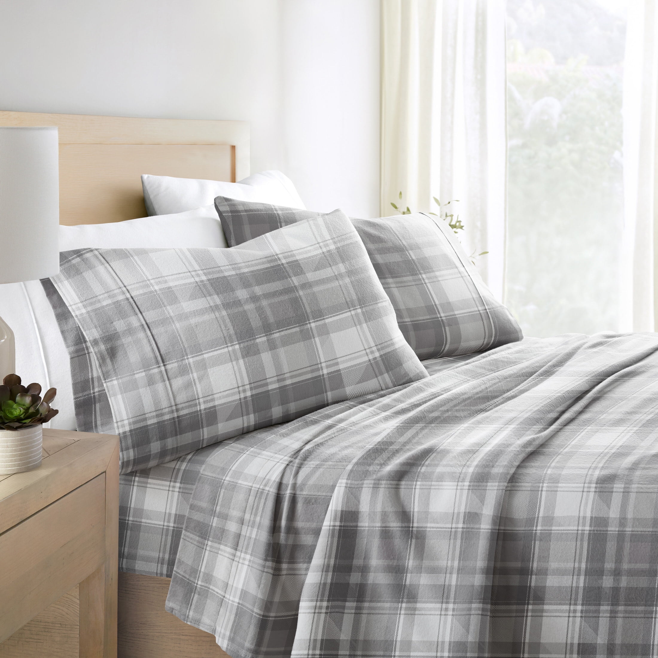 Light Grey Plaid 4 Piece 100% Cotton Flannel Deep Pocket Sheet Set ...