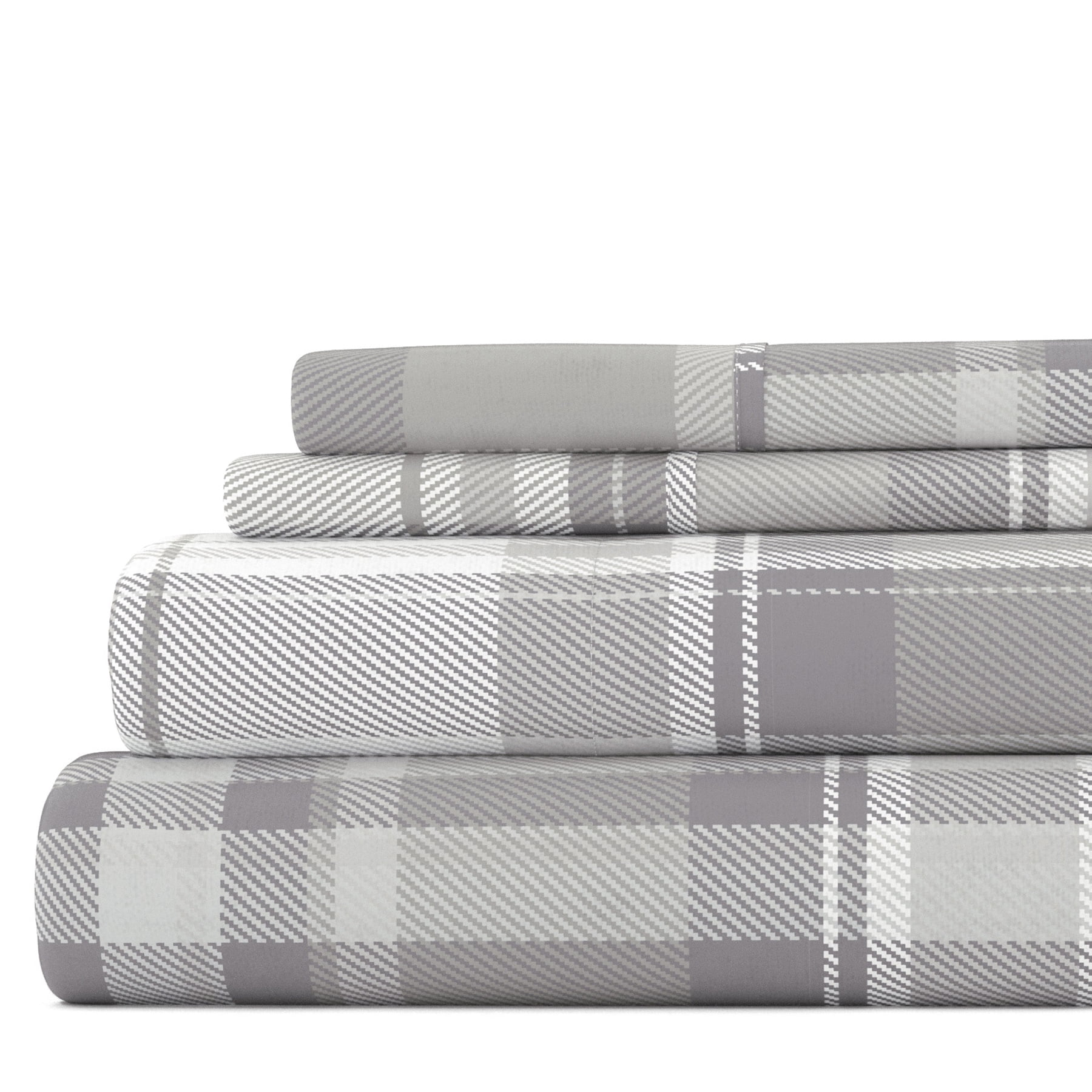 Light Grey Plaid 4 Piece 100% Cotton Flannel Deep Pocket Sheet Set ...
