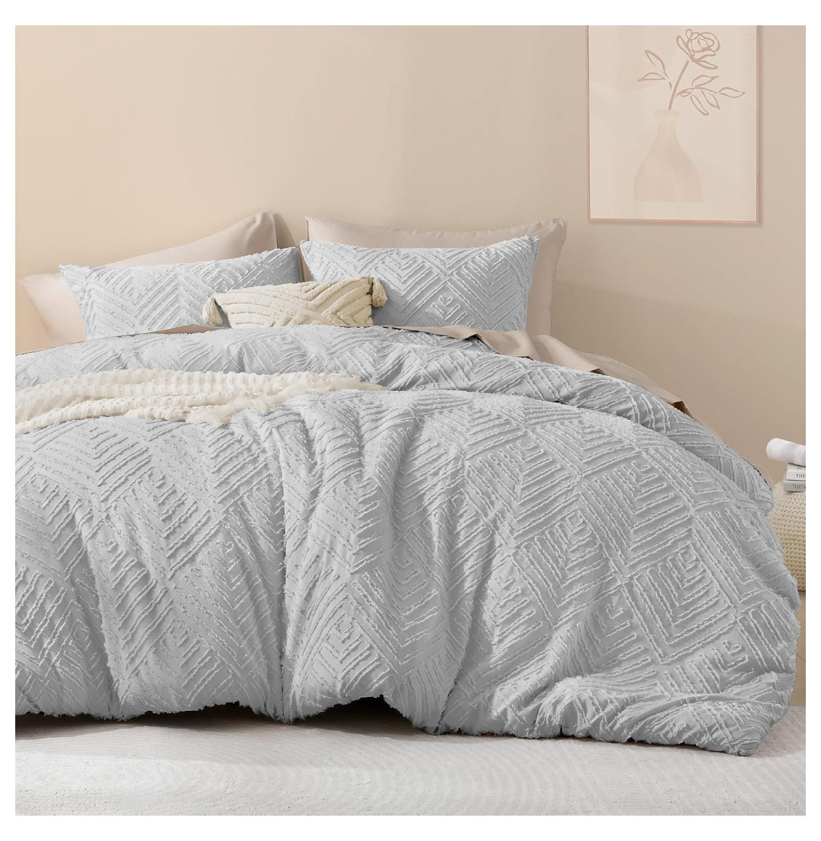 Light Grey Queen Comforter Set, 3 Pieces Tufted Boho Farmhouse Bedding ...