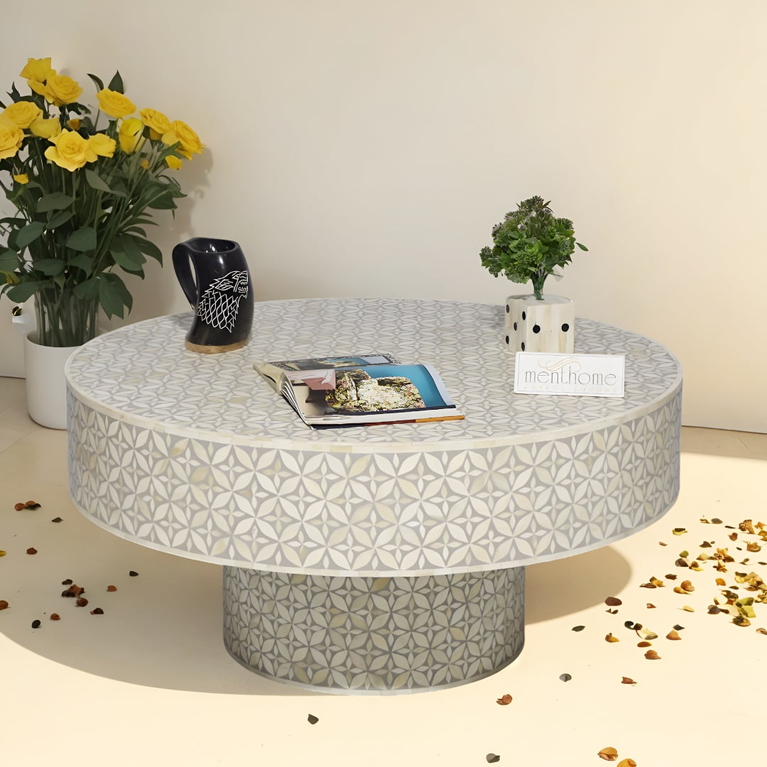 Light Grey Round Coffee Table with Eye Pattern Bone Inlay Work ...
