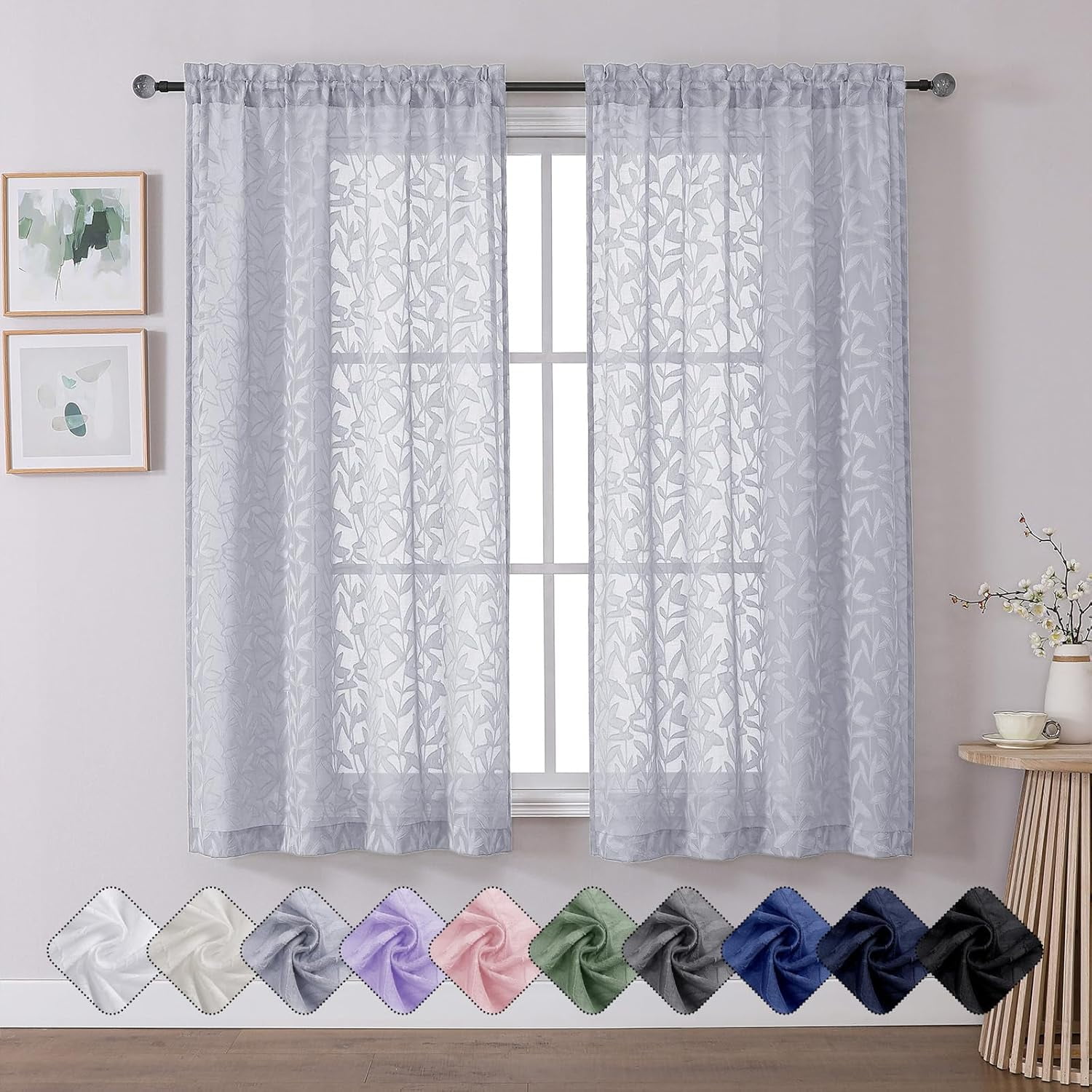 Light Grey Sheer Curtains 63 Inch Length 2 Panels Set, Soft Light Filtering Leaf Clip Jacquard ...