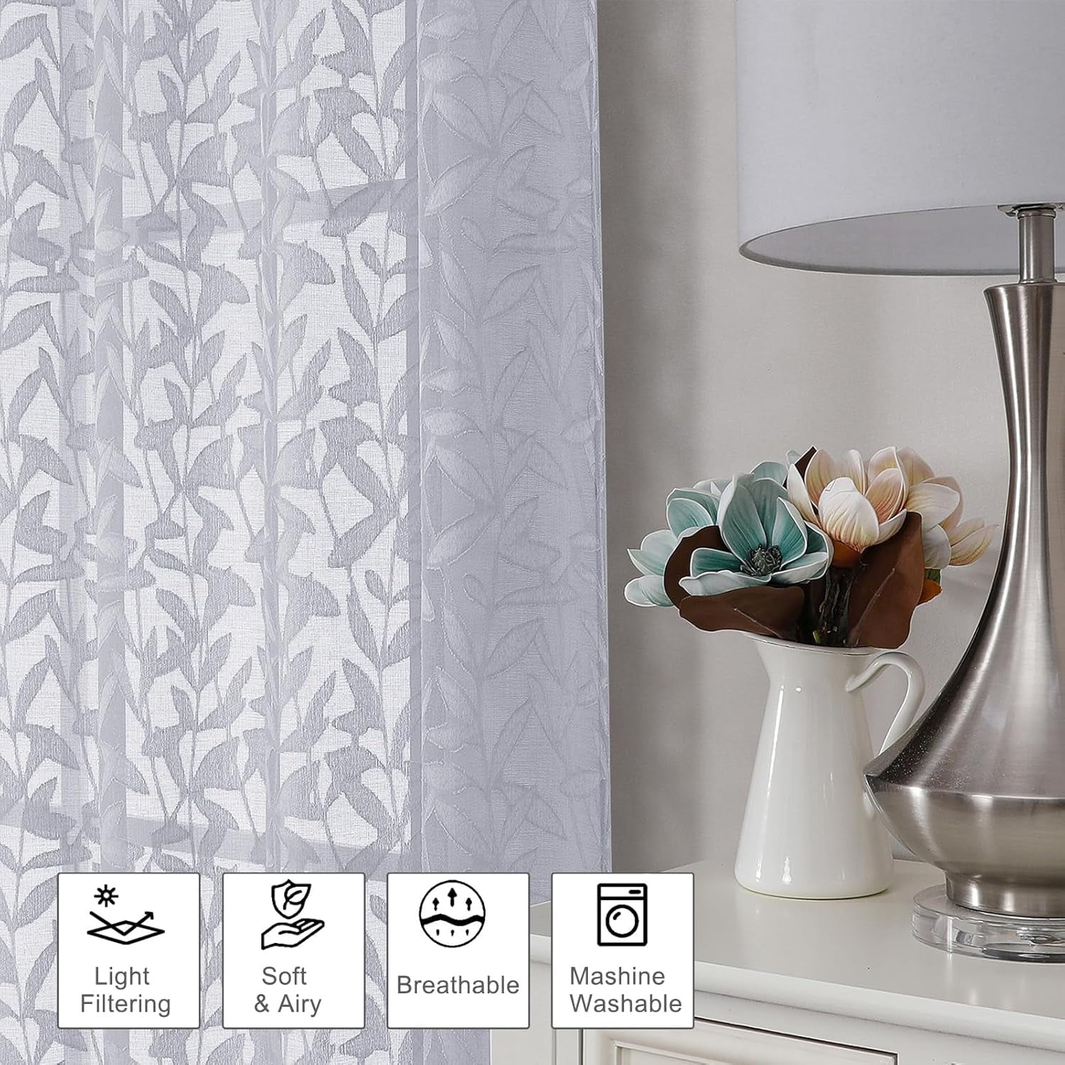Light Grey Sheer Curtains 72 Inches Long 2 Panels Set, Light Filtering Jacquard Bedroom Living ...