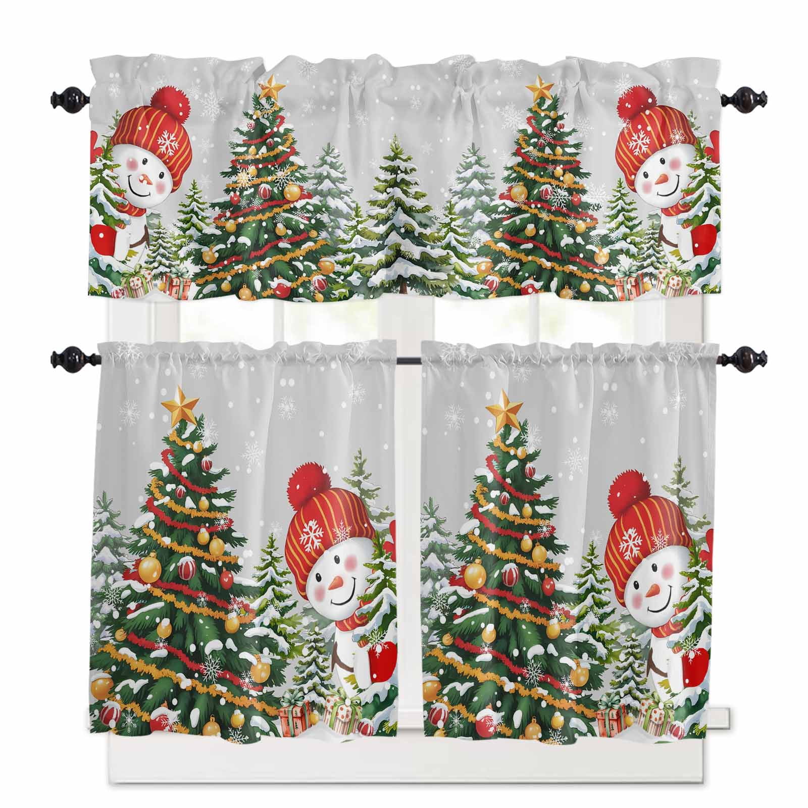 Light Grey Snowman Christmas Kitchen Curtains and Valances Set, Xmas ...